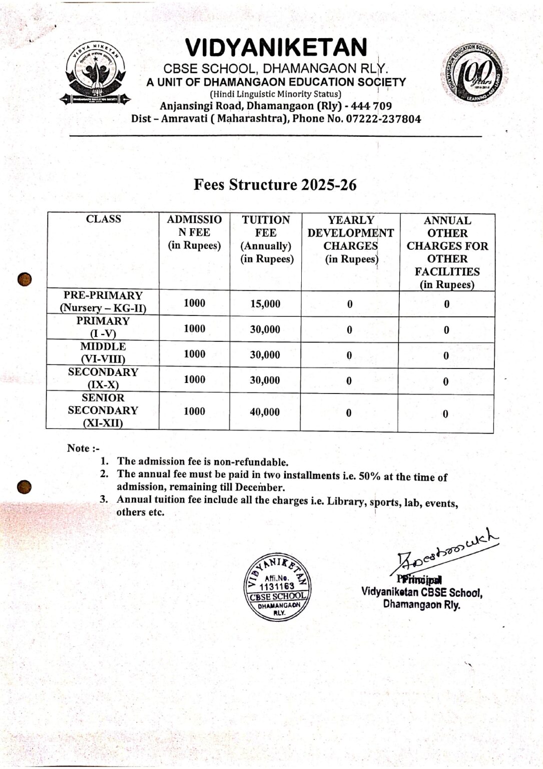 Fees Structure – vidyaniketan cbse school